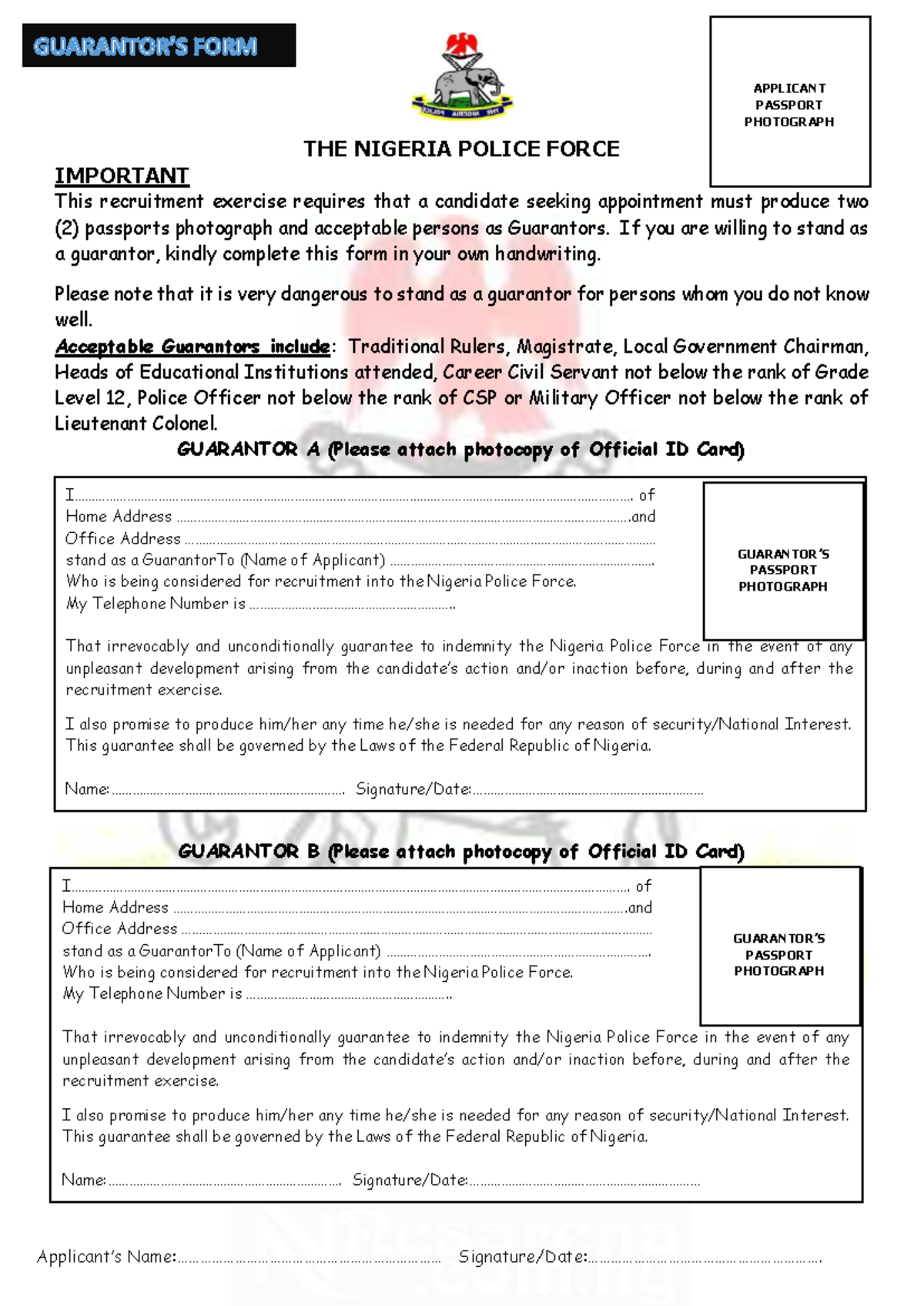 Nigeria Police Guarantor Form 2025 (https://policerecruitment.gov.ng) | PDF Download ...